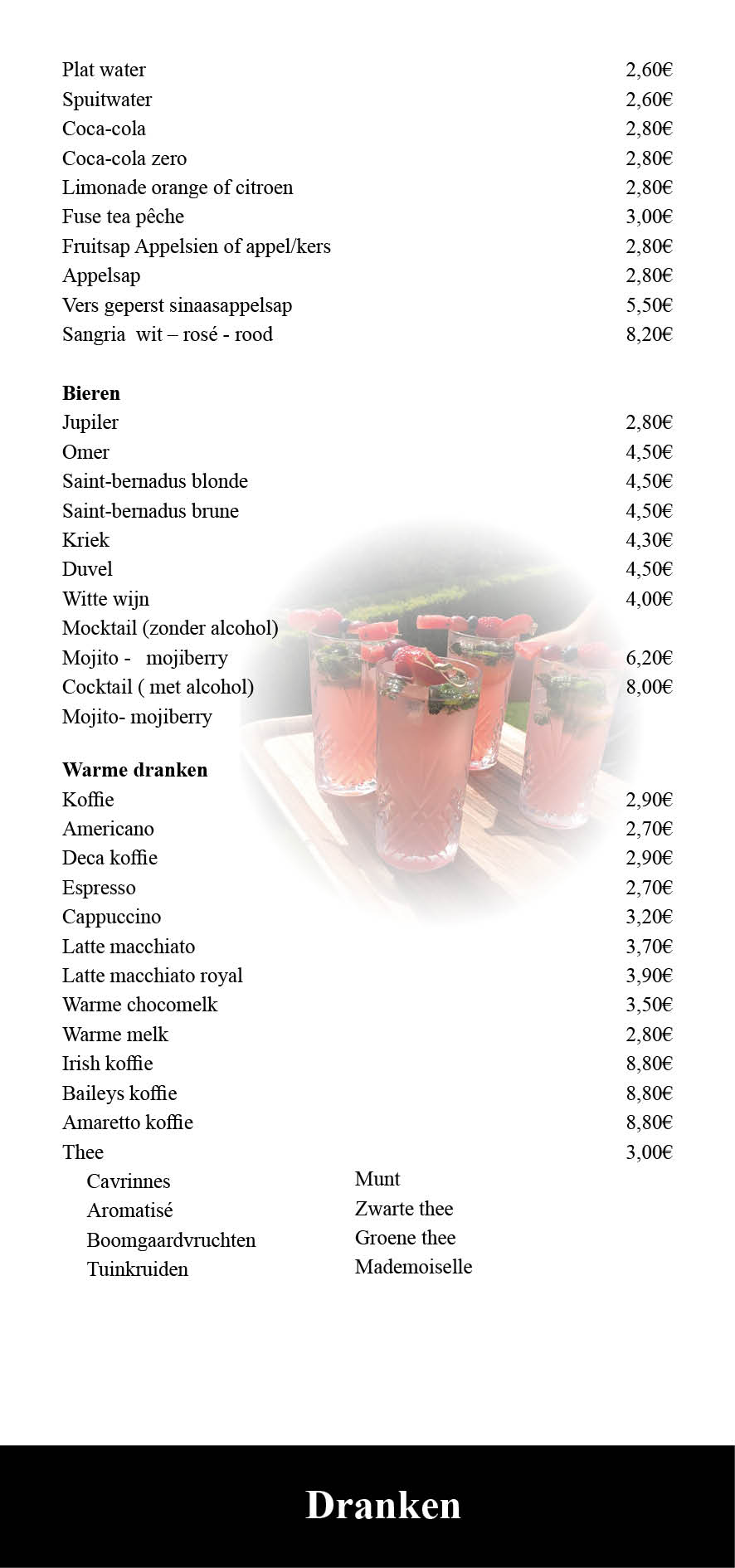 Menukaart – Ferme de Cavrinnes